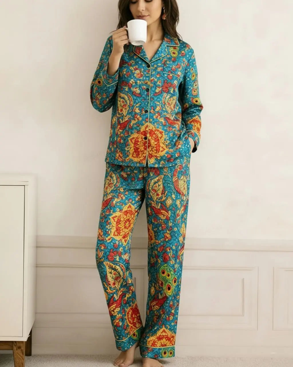 Vintage Floral Print Pajama Set - OMFORT