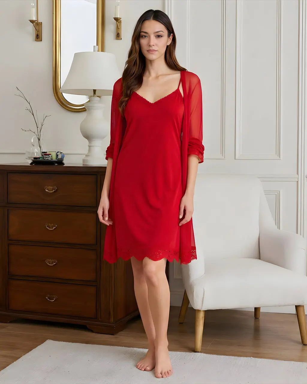 Pure Satin Lace Short Nightgown And Robe Set - OMFORT