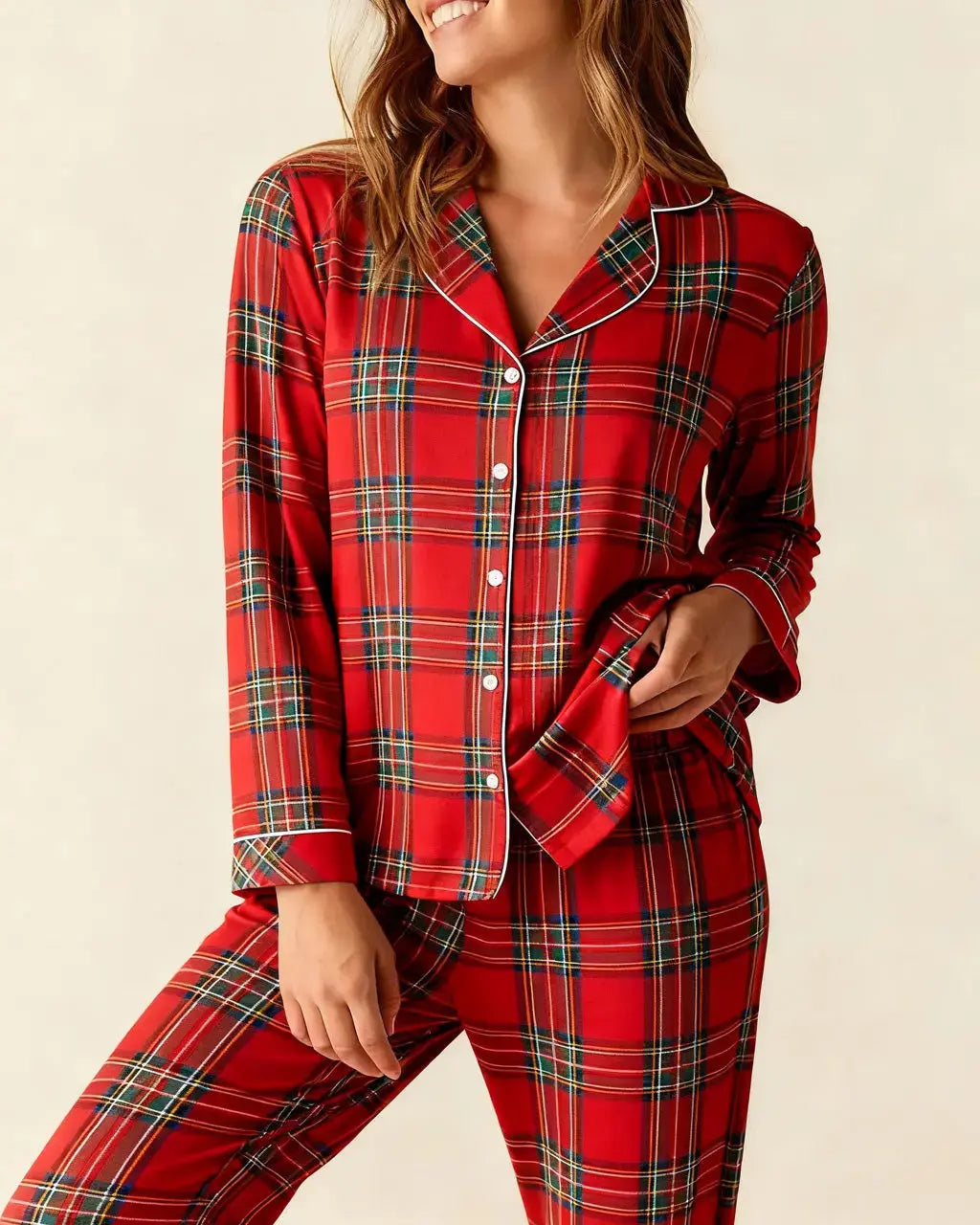 Christmas Red Plaid Print Pajama Set - OMFORT